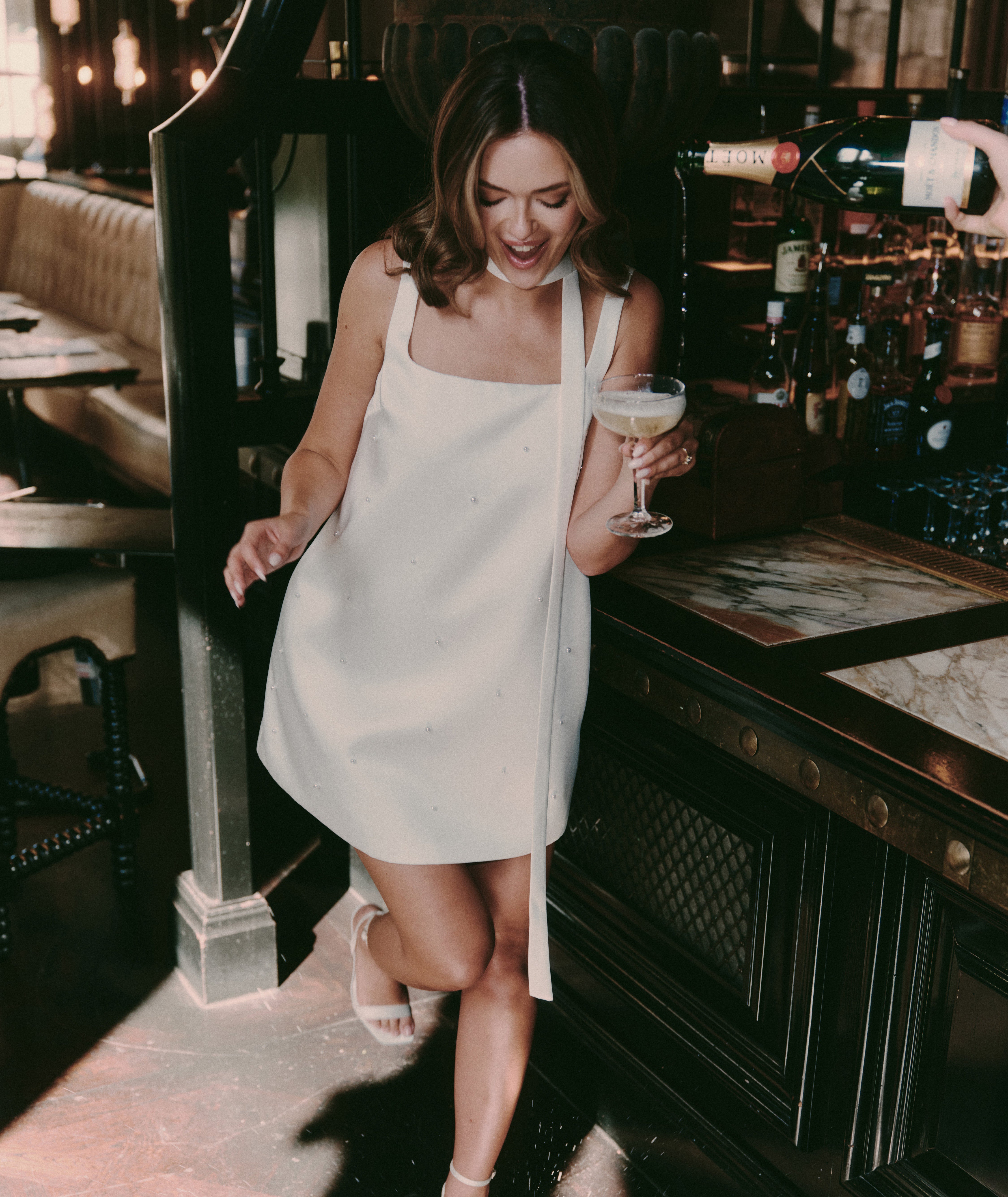 Pearl Scatter Detail Mini Dress with Neck Scarf – White – Six Stories