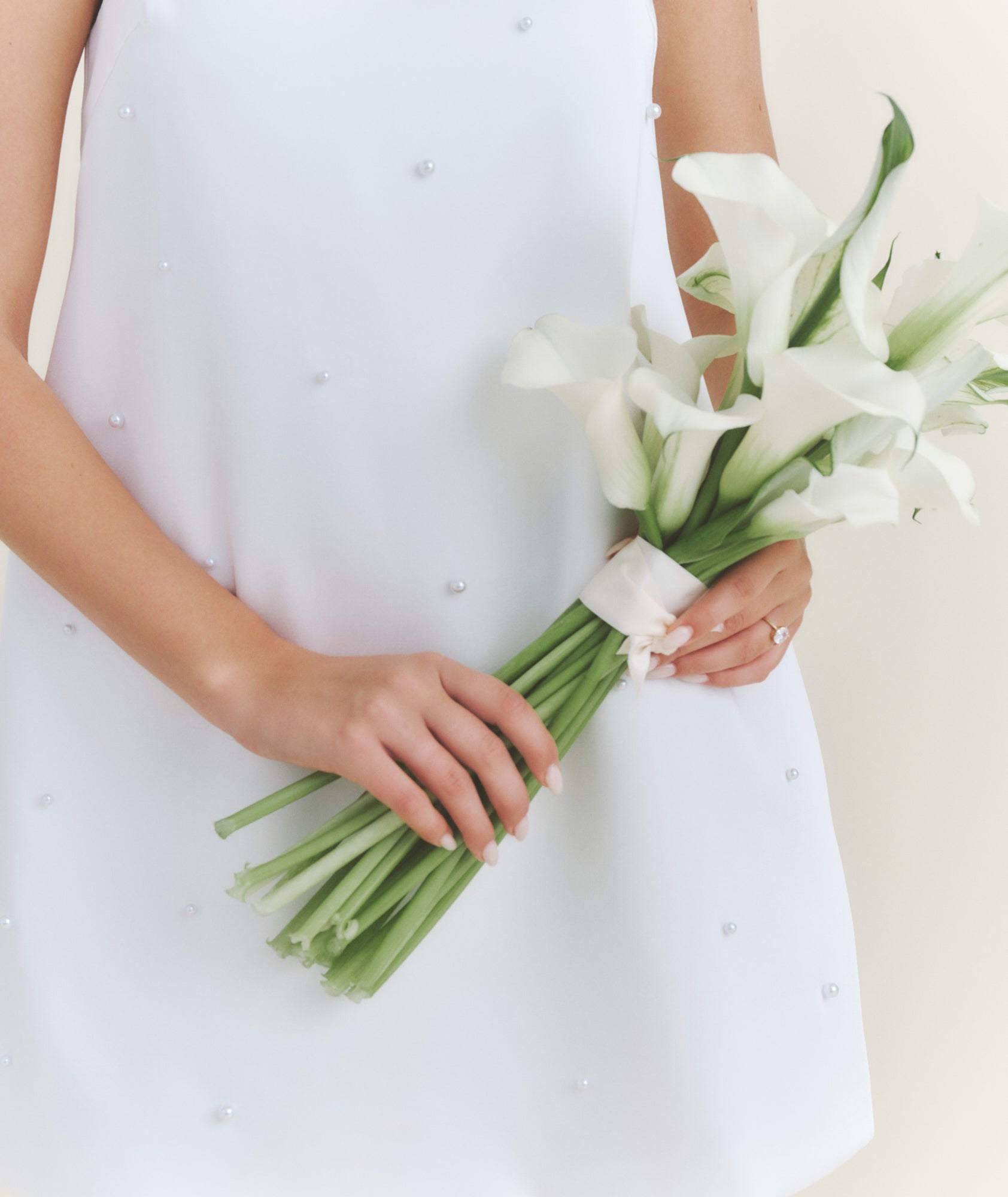 Pearl Scatter Detail Mini Dress with Neck Scarf – White – Six Stories