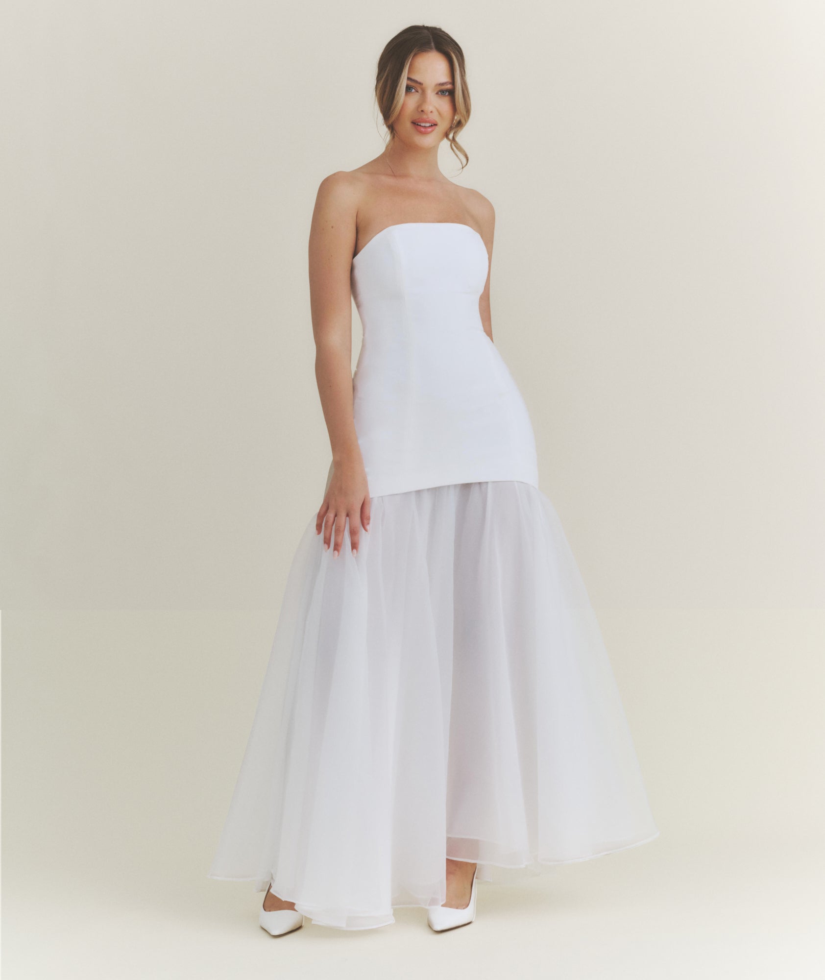 Bandeau Drop Waist Maxi Dress – White – Six Stories