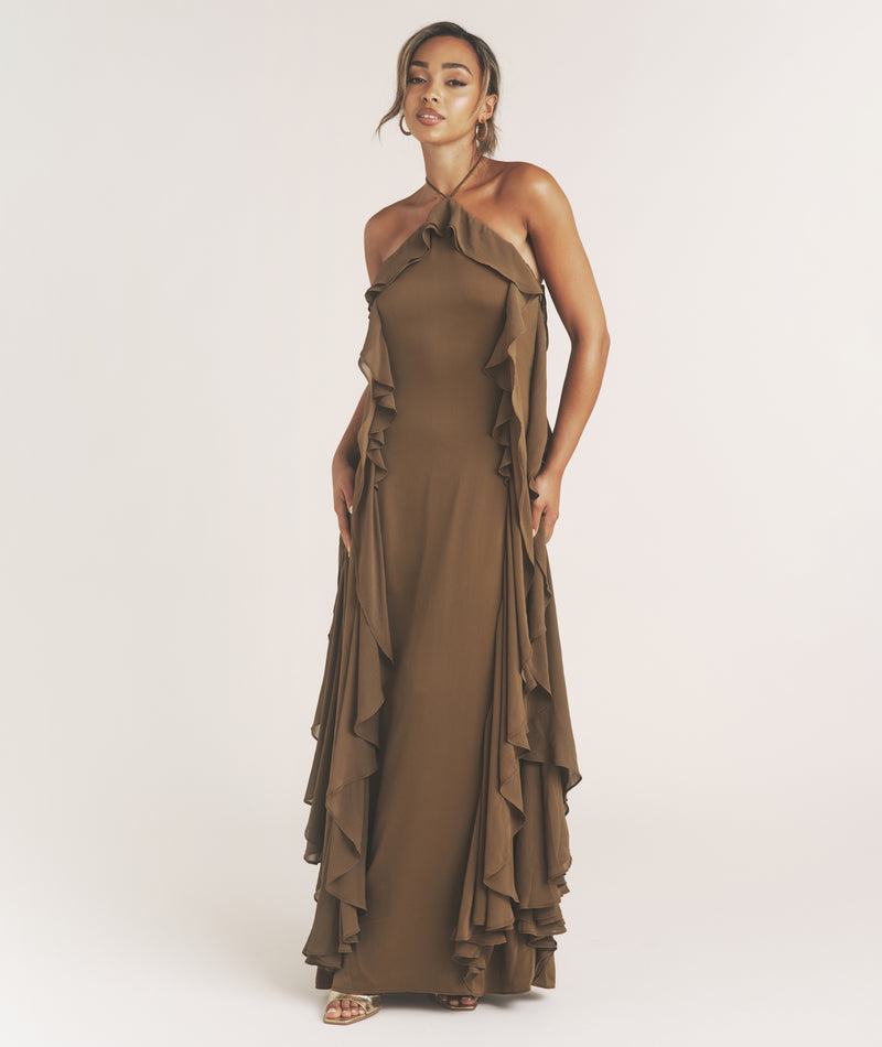Ruffle Halter Neck Maxi Dress - Olive – Six Stories