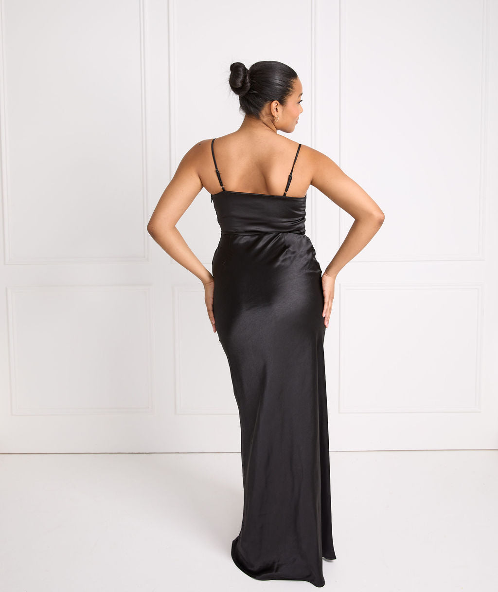 Cami Cowl Front Satin Bridesmaid Dress - Black | Six Stories