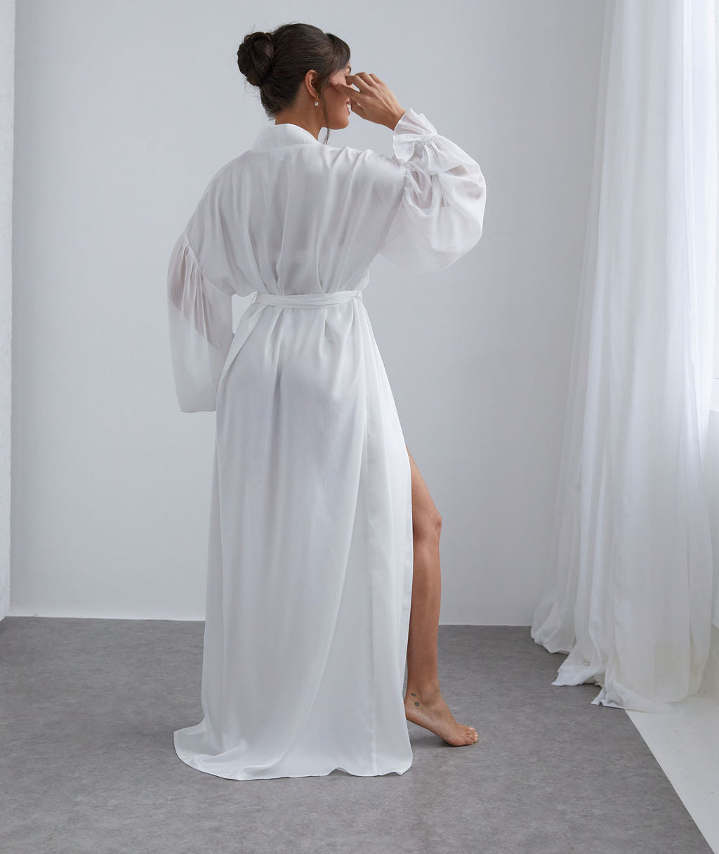 Chiffon Sleeve Maxi Satin Robe - White | Six Stories