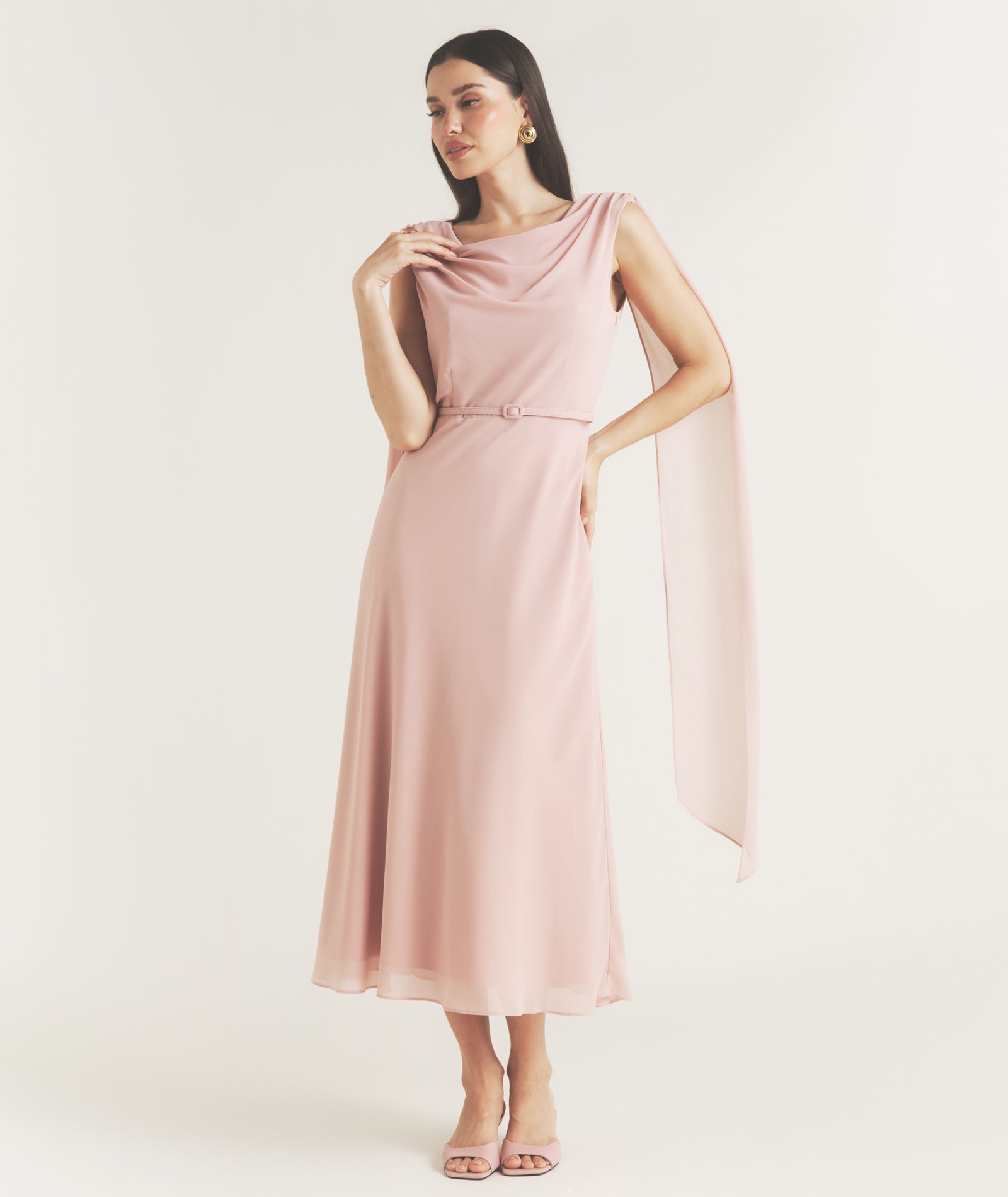 Cowl Front Drape Detail Belted Midi Dress - Rose – Six Stories