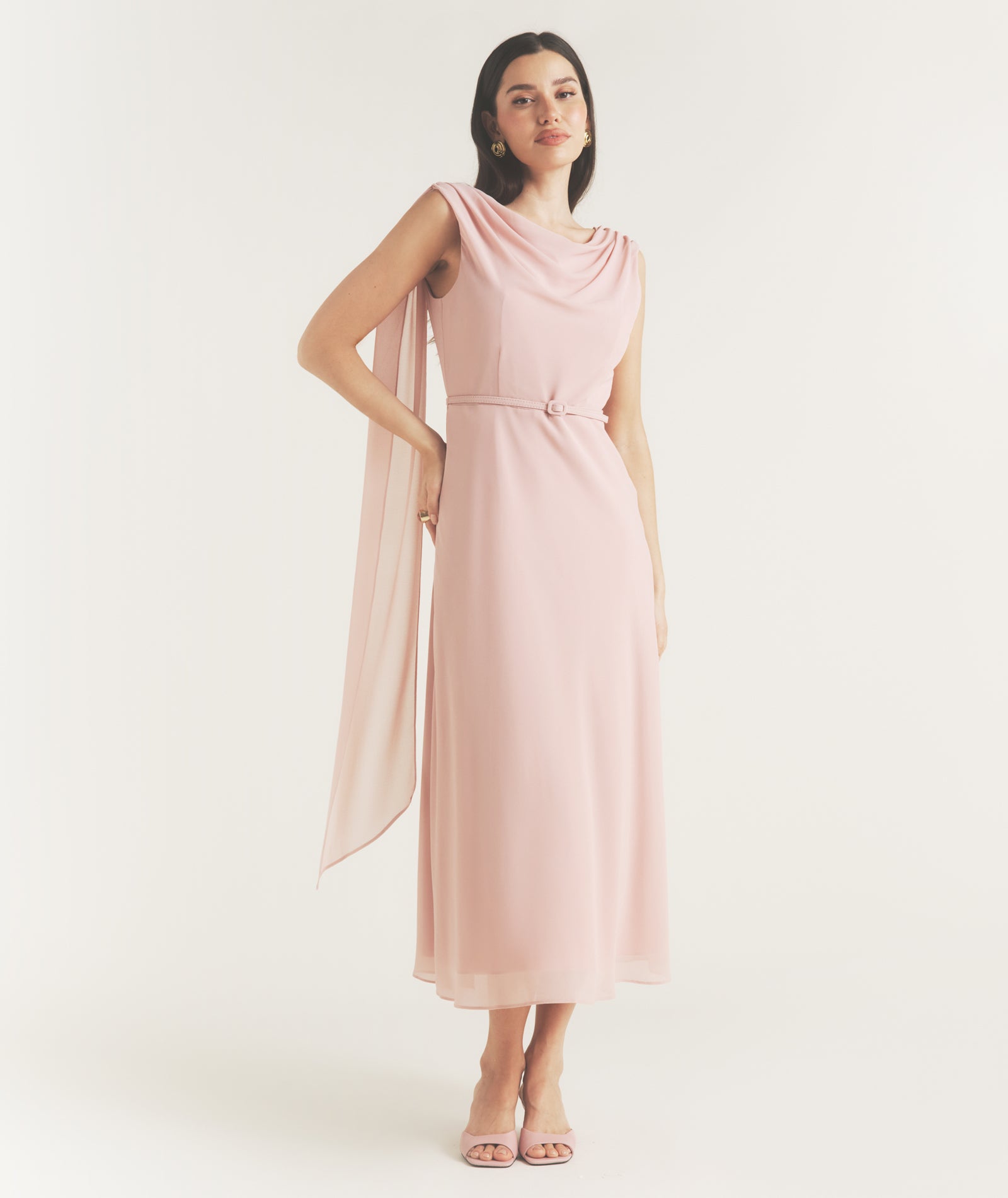 Cowl Front Drape Detail Belted Midi Dress - Rose – Six Stories