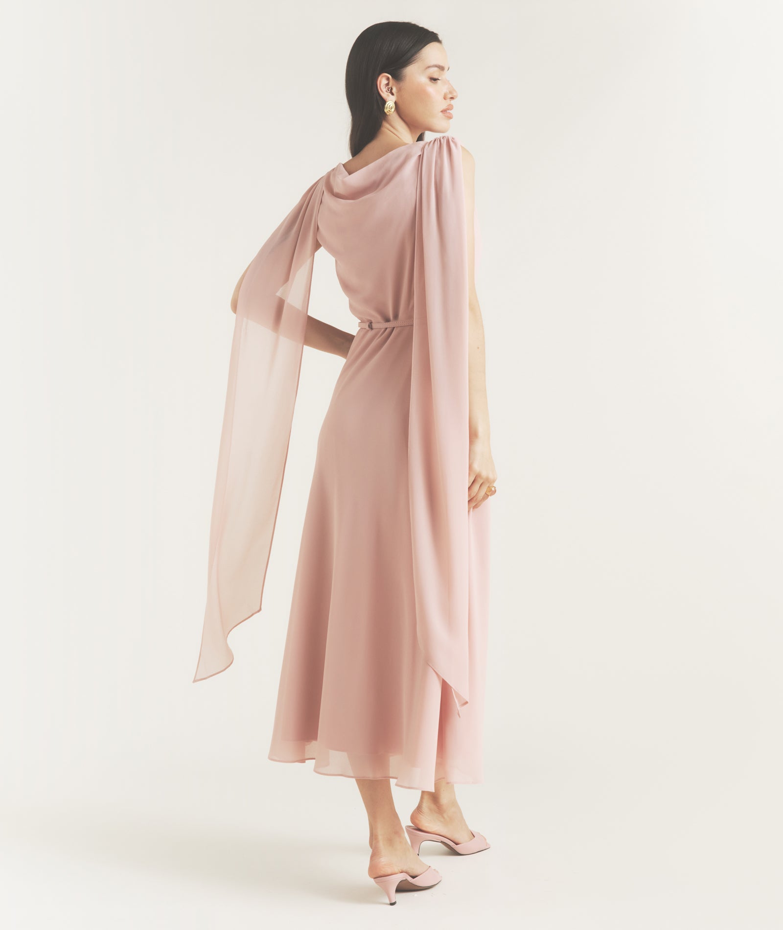 Cowl Front Drape Detail Belted Midi Dress - Rose – Six Stories