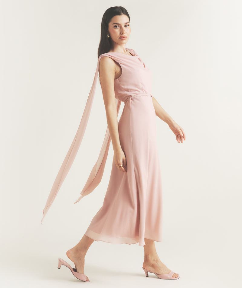 Cowl Front Drape Detail Belted Midi Dress - Rose – Six Stories