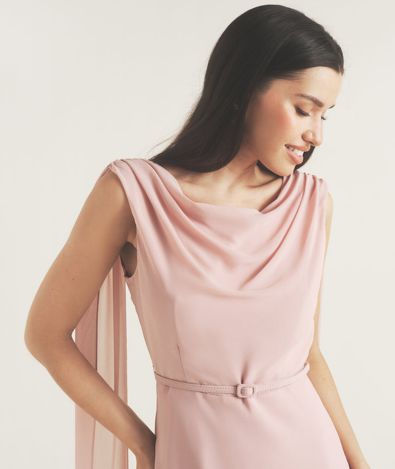 Cowl Front Drape Detail Belted Midi Dress - Rose – Six Stories