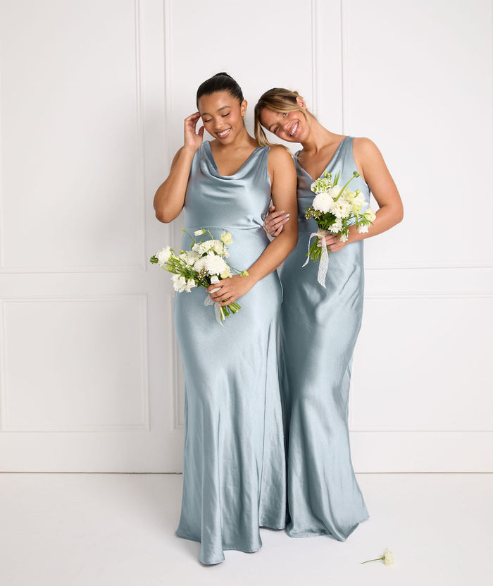 Cowl Front Satin Bridesmaid Dress - Dusty Blue – Six Stories