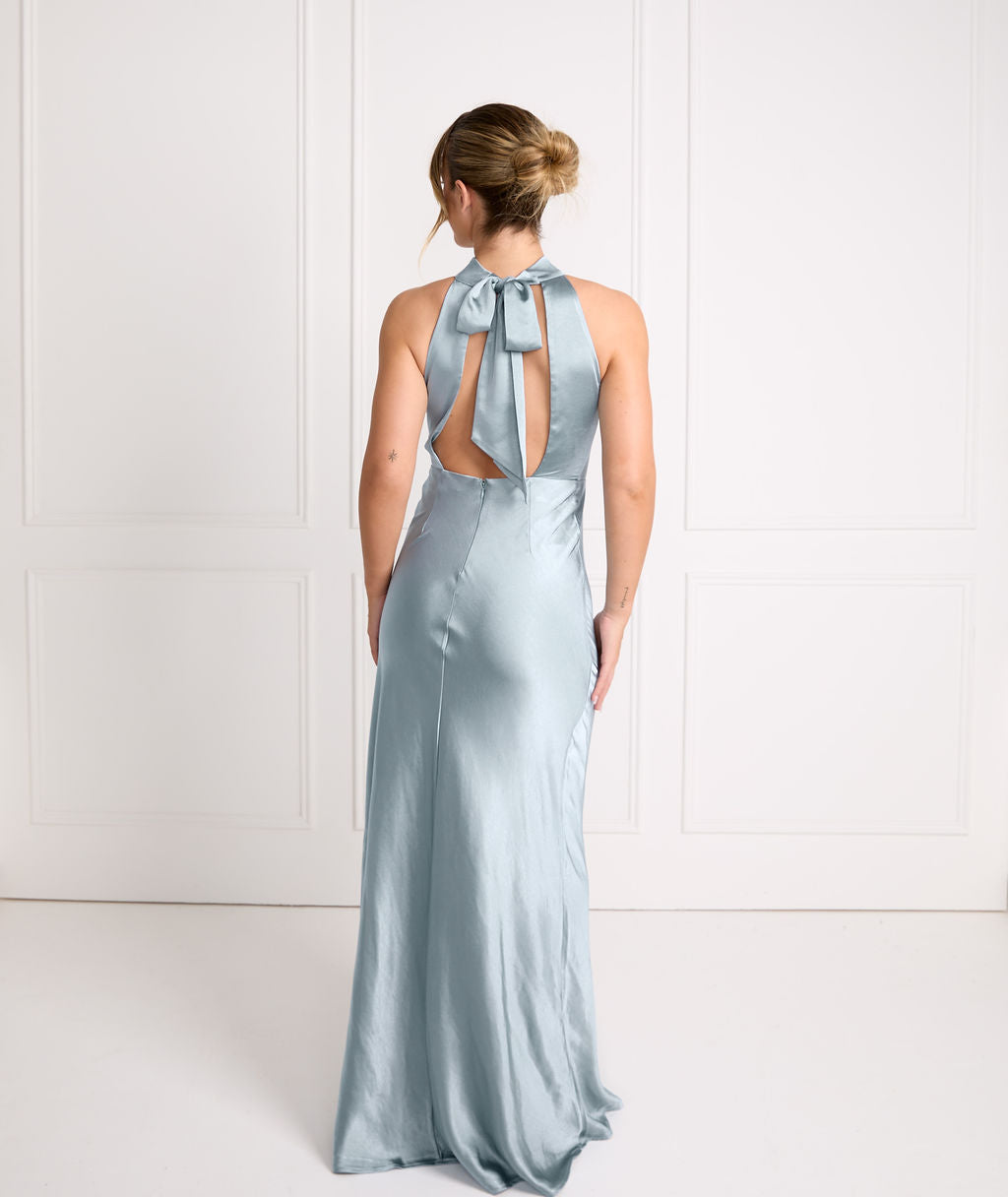 Halter Neck Satin Bridesmaid Dress - Dusty Blue – Six Stories