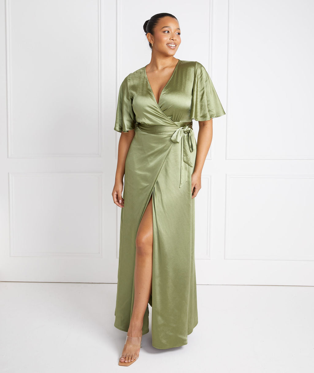 Wrap Tie Satin Bridesmaid Dress - Moss Green | Six Stories