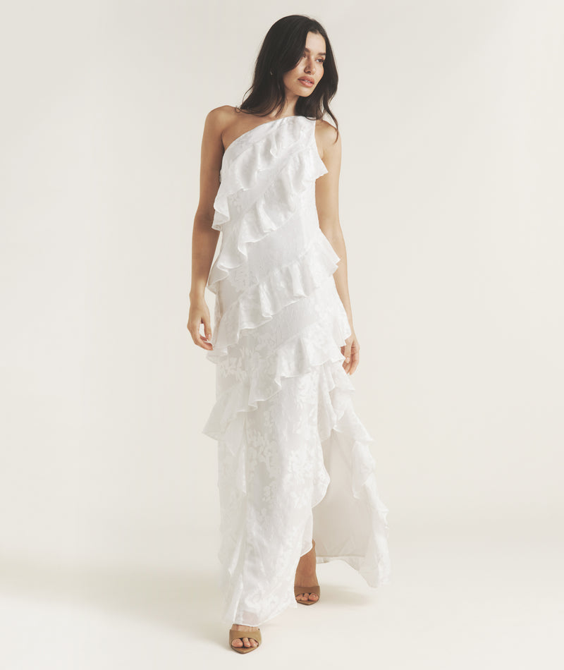 One Shoulder Floral Ruffle Maxi Dress - White – Six Stories