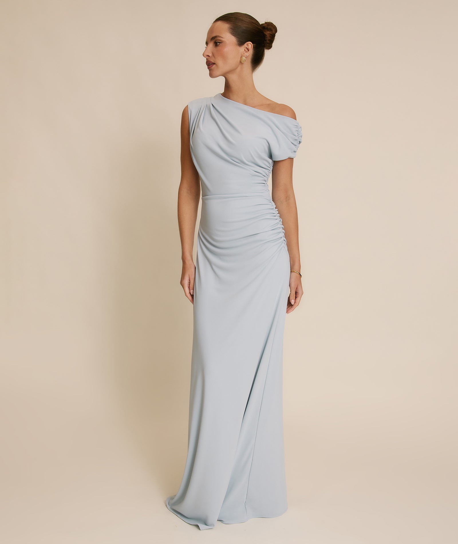 Asymmetric Neck Stretch Sculpt Bridesmaid Dress - Pale Blue – Six Stories