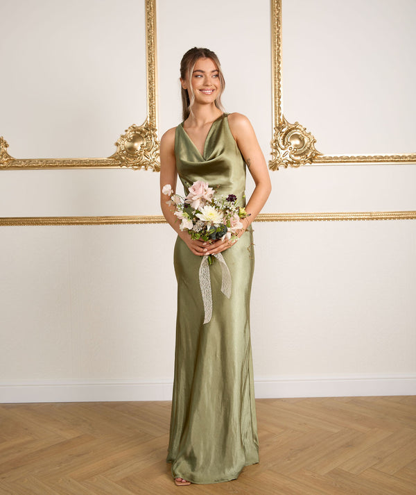 Cowl Front Satin Bridesmaid Dress - Moss Green | Occasion Dress – Six ...