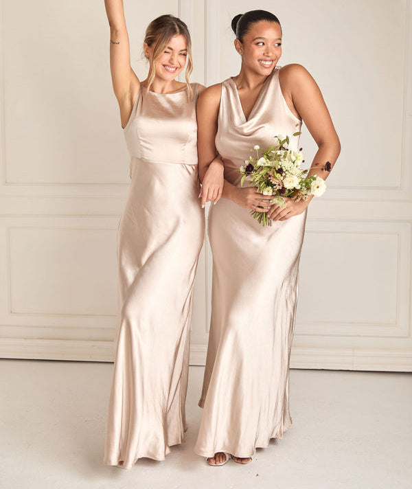 Cowl Front Satin Bridesmaid Dress - Oyster – Six Stories