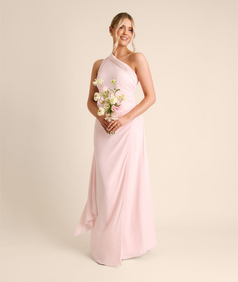 One Shoulder Neck Tie Chiffon Bridesmaid Dress - Blush Pink – Six Stories
