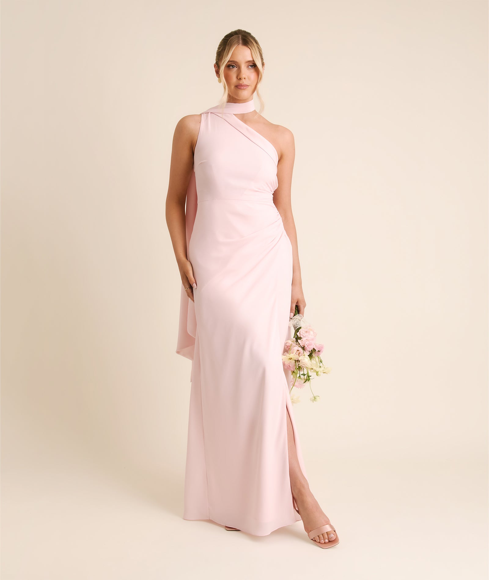 One Shoulder Neck Tie Chiffon Bridesmaid Dress - Blush Pink – Six Stories