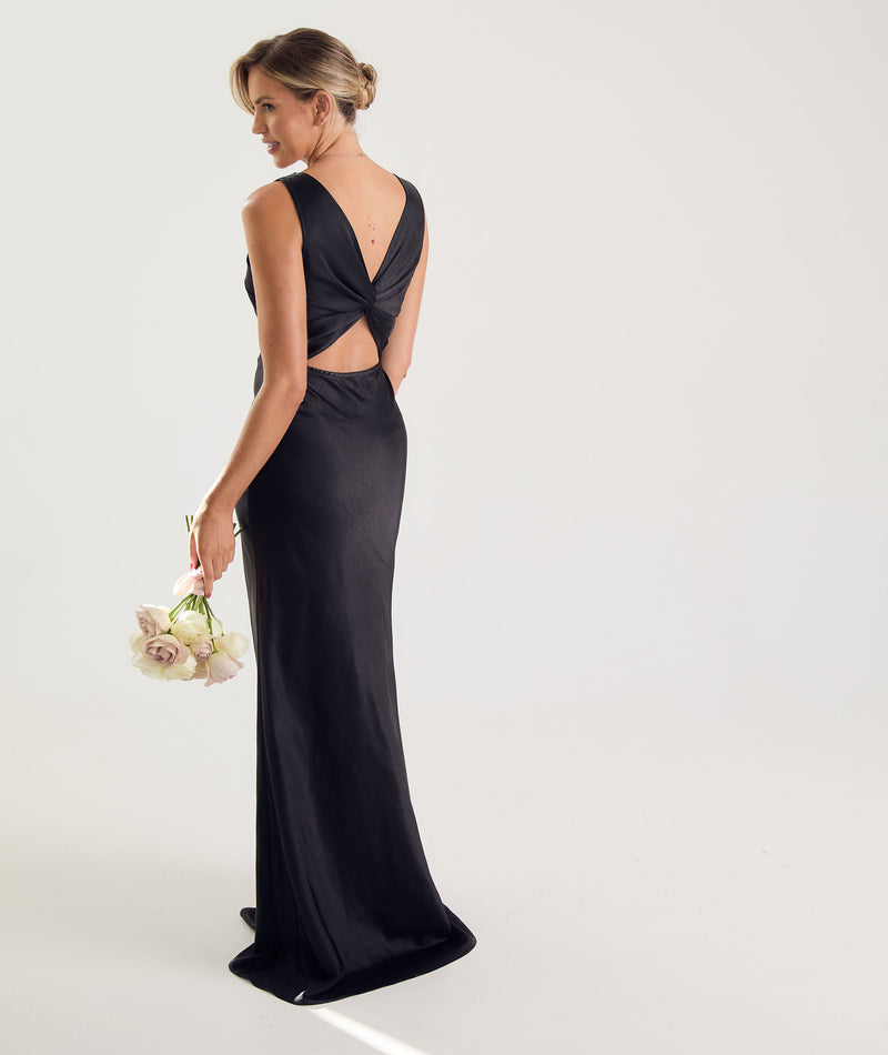 Black Satin Bridesmaid Dress - Black, Twist Back Style – Six Stories