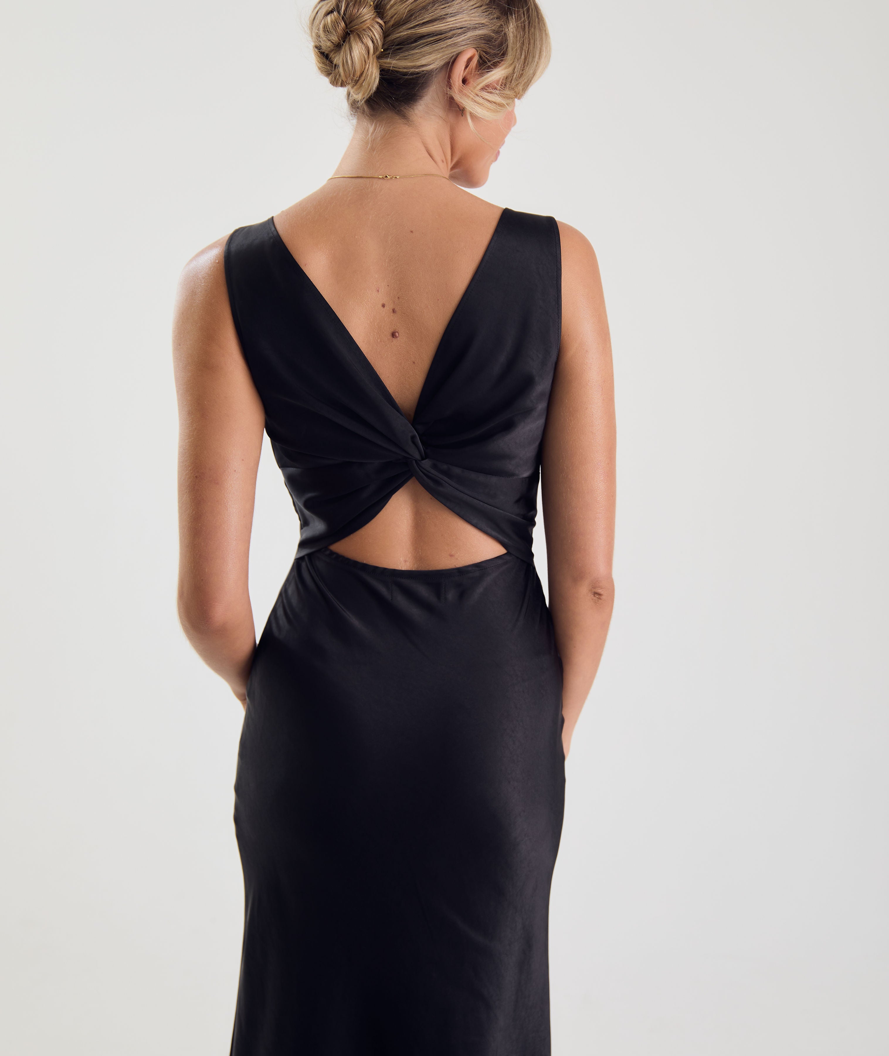 Black Satin Bridesmaid Dress - Black, Twist Back Style – Six Stories