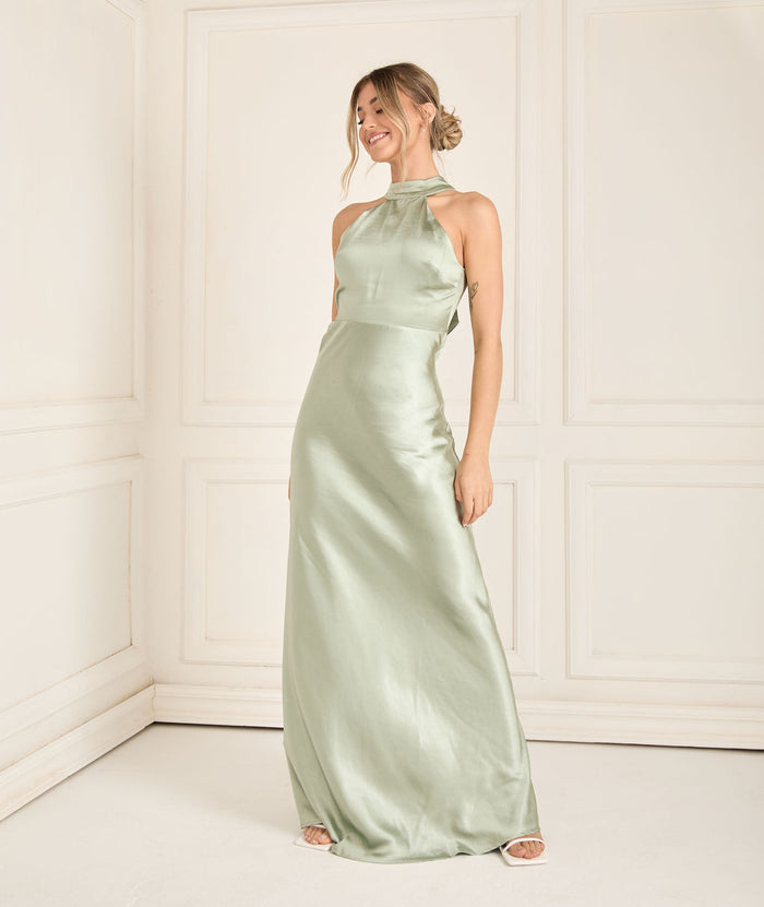 Halter Neck Satin Bridesmaid Dress - Sage – Six Stories